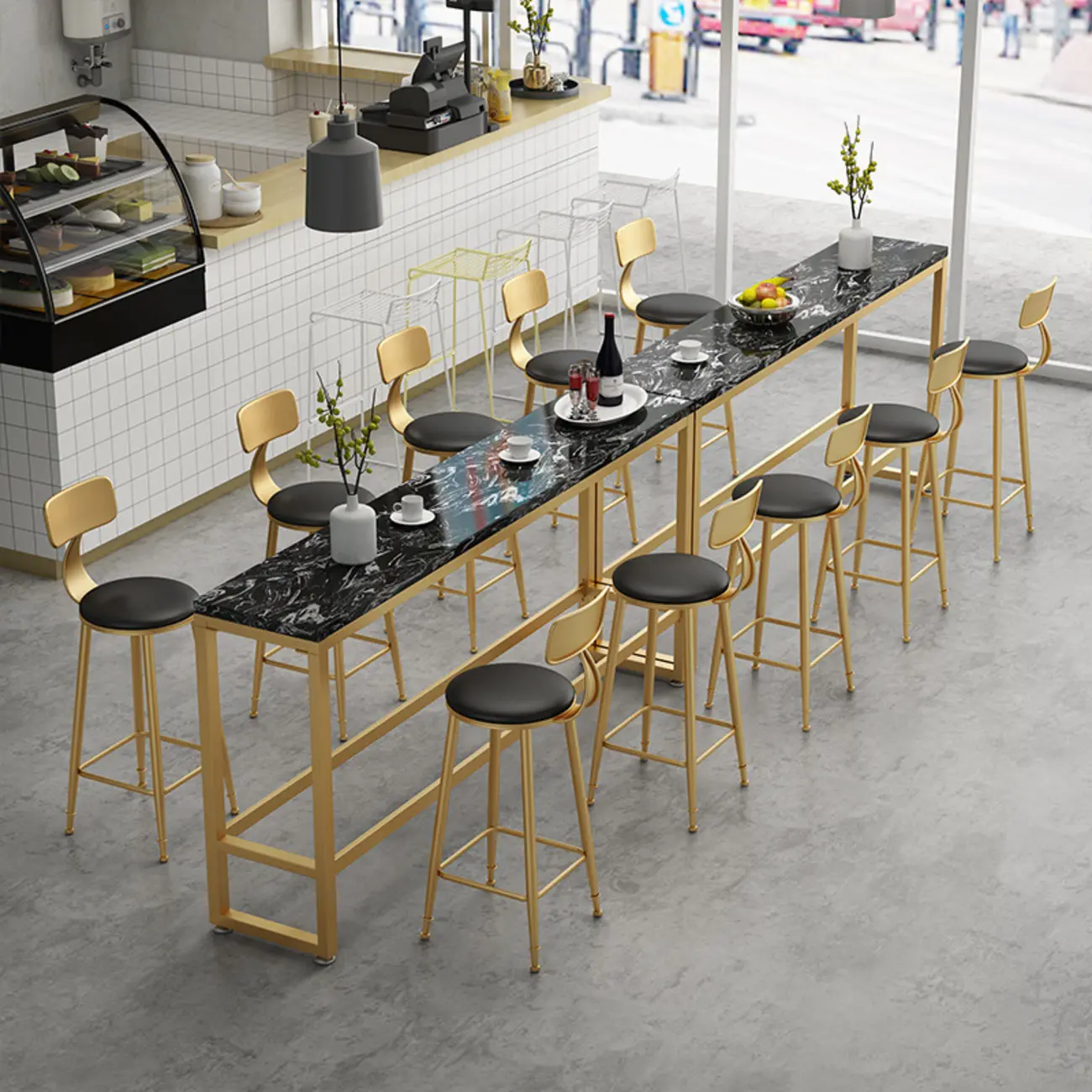 Modern Rectangle Marble Top Bar Table Gold Base with Footrest ...